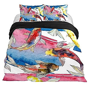 VAPOKF Duvet Covers Set Twin Size Soft and Breathable Microfiber Comforter Bedding Set 1 Duvet Cover 2 Pillowcase with Zipper Closure for Kids Women Men, Red and Gold Carp Fishes