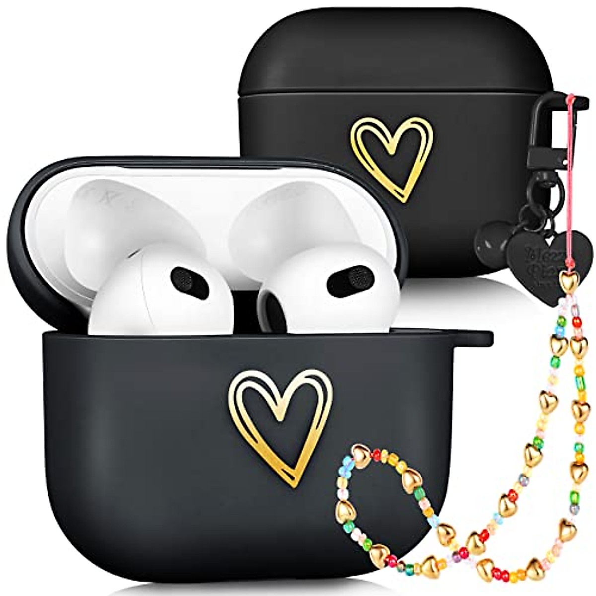 Besoar for Airpods 3rd Generation Case Cute for Women Girls Girly Aesthetic Black Heart Cases with Keychain Buckle for Airpod 3 Pretty Lovely Soft Silicone Cover Unique Design for Air Pods 3 (2021)