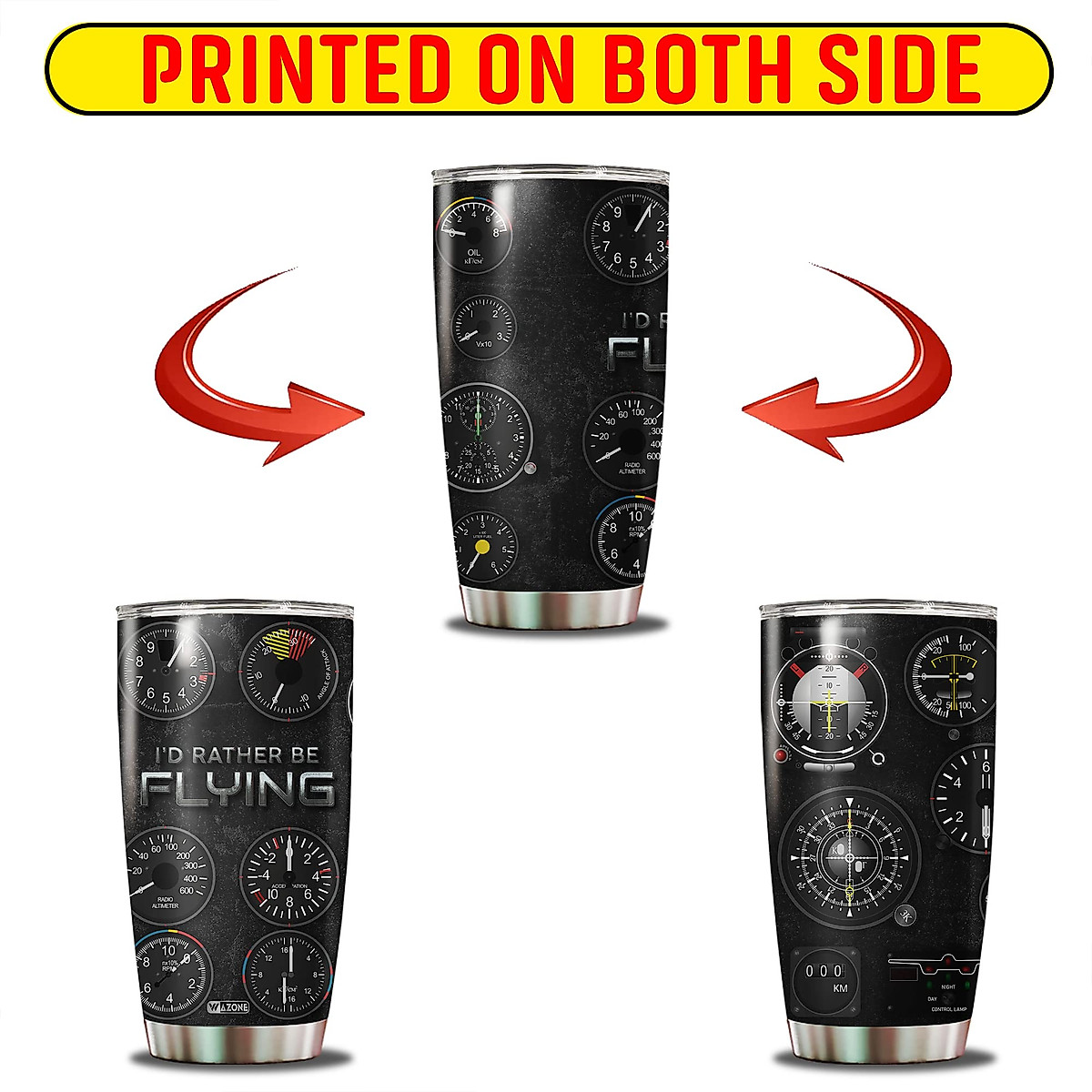 WAZONE Pilot Gauges Tumbler Cup I'd Rather be Flying Vacuum Insulated Stainless Steel 20oz Thermos Travel Mug Aviation Airplane Gifts for Aviator Women Men Male On Christmas Birthday