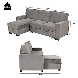 EBELLO Convertible Sleeper Sofa 3 in 1, Chenille Modern L-Shaped Couches for Living Room, Pull Out Sectional Futon Sofa Bed with Storage Space, USB Ports and Cup Holders for Bedroom, Grey