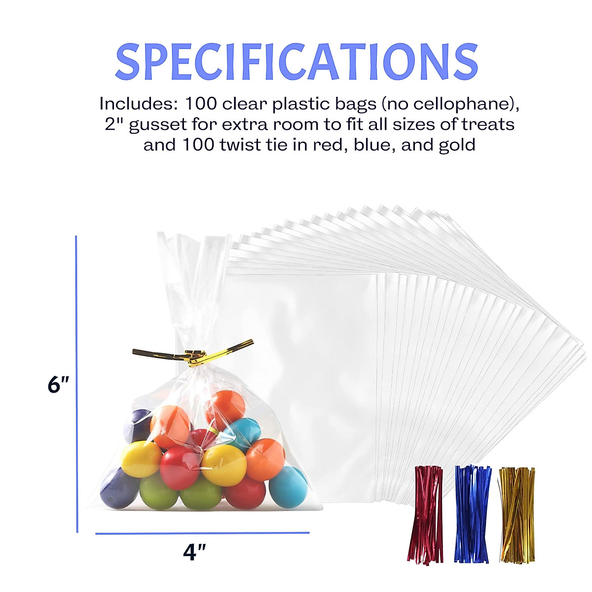 Clear Treat Bags (200 pack) - 4x6 Clear Plastic Gift Bags with 4” Twist Ties 3 Mix Colors - BPA-free Clear Candy Bags for Packaging - Thick OPP Cookie Bags for Wedding, Cakes, Pops, Gift