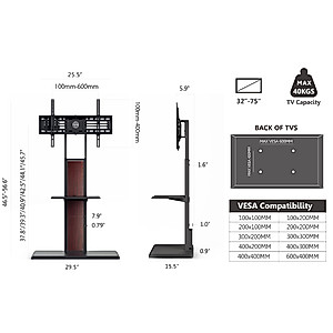 FITUEYES Universal Floor TV Stand with Swivel Height Adjustable Mount for 32 43 50 55 65 75 inch TVs, Mid Century Modern Corner TV Stand with Flexible Shelf for Living Room Bedroom (Black & Walnut)