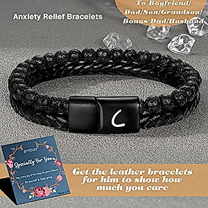 Bracelets for Men Letter C Beaded Initial Bracelet Mens Gifts for Birthday Lava Rock Cuff Bangle Leather Gifts for Him I Love You Engraved Birthday Retirement Christams Jewelry