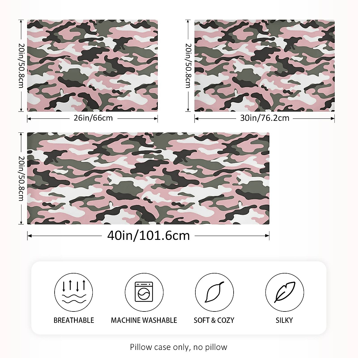 Camouflage Military Pink Satin Pillowcase for Hair and Skin Silk Pillowcase Pillow Case with Envelope Closure Throw Pillow Cover for Sofa Hotel Couch Bedroom Home Decor - King, 40x20inch
