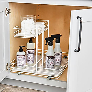 Household Essentials Glidez Paint-Finished Steel Pull-Out/Slide-Out Storage Organizer with Plastic Liners for Under Sink or Cabinet Use- 2 -Tier Design - Fits Standard Size Cabinet or Shelf, White