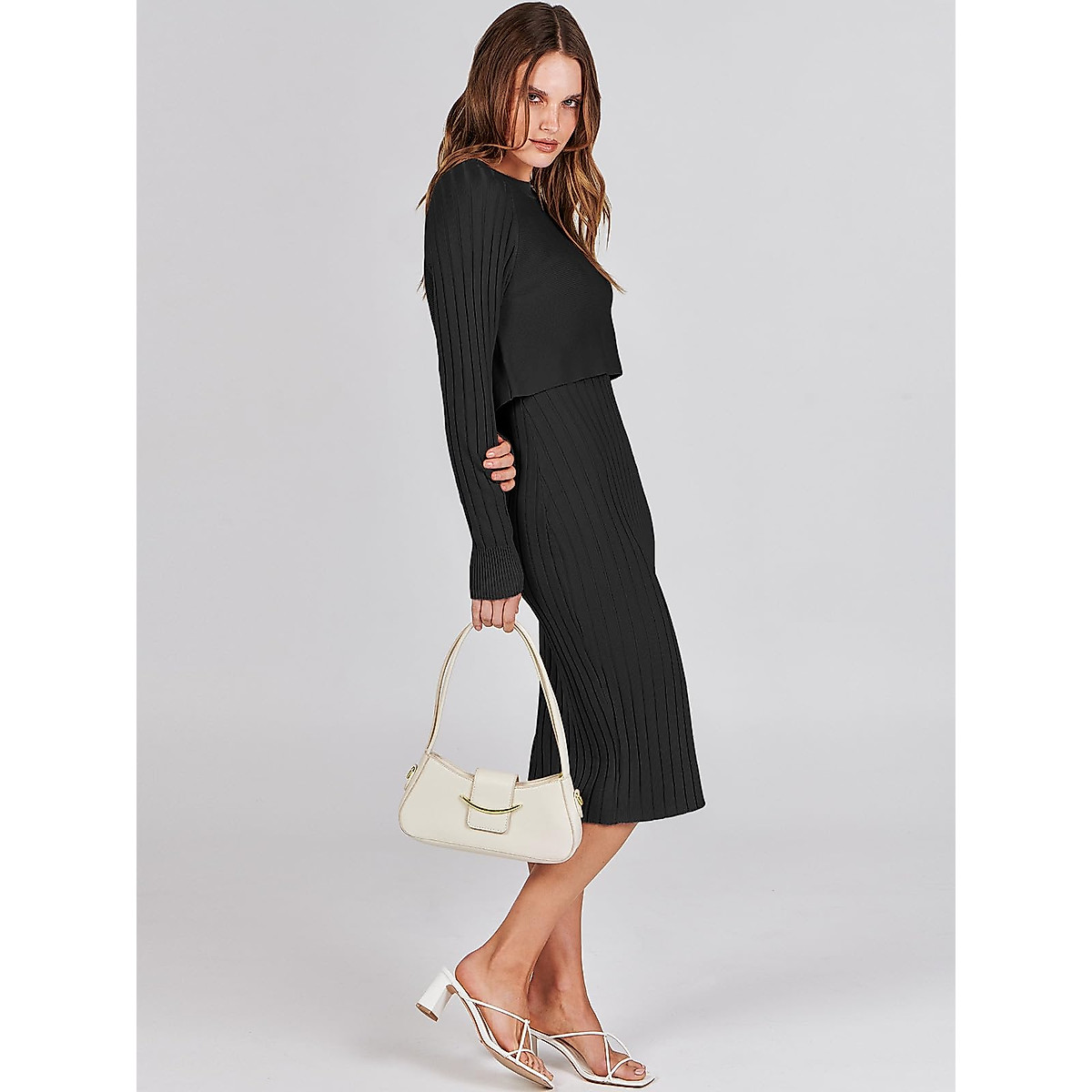 ANRABESS Womens 2 Piece Outfits Sweater Dresses Set Midi Skirt Sets Long Sleeve Crop Top Bodycon Ribbed Knit Dress 2024 Fall Black Large