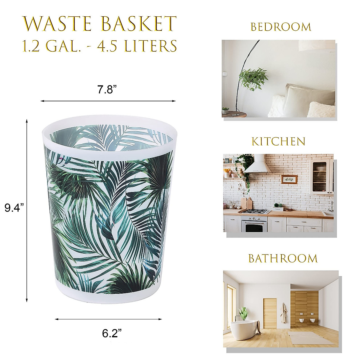 EVIDECO French Home Goods Tropical Printed Trash Can Wastebasket Plastic 4.5-liters-1.2-Gal