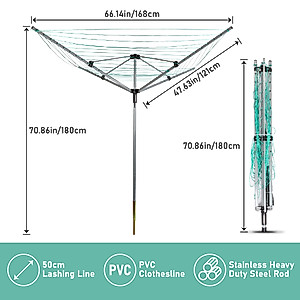 ISXACFF Rotary Outdoor Umbrella Drying Rack Umbrella Clothesline Rotary Dryers Clothes Line 4 Arms Height Adjustable Foldable Retracting 12 Lines with 165ft Clothesline