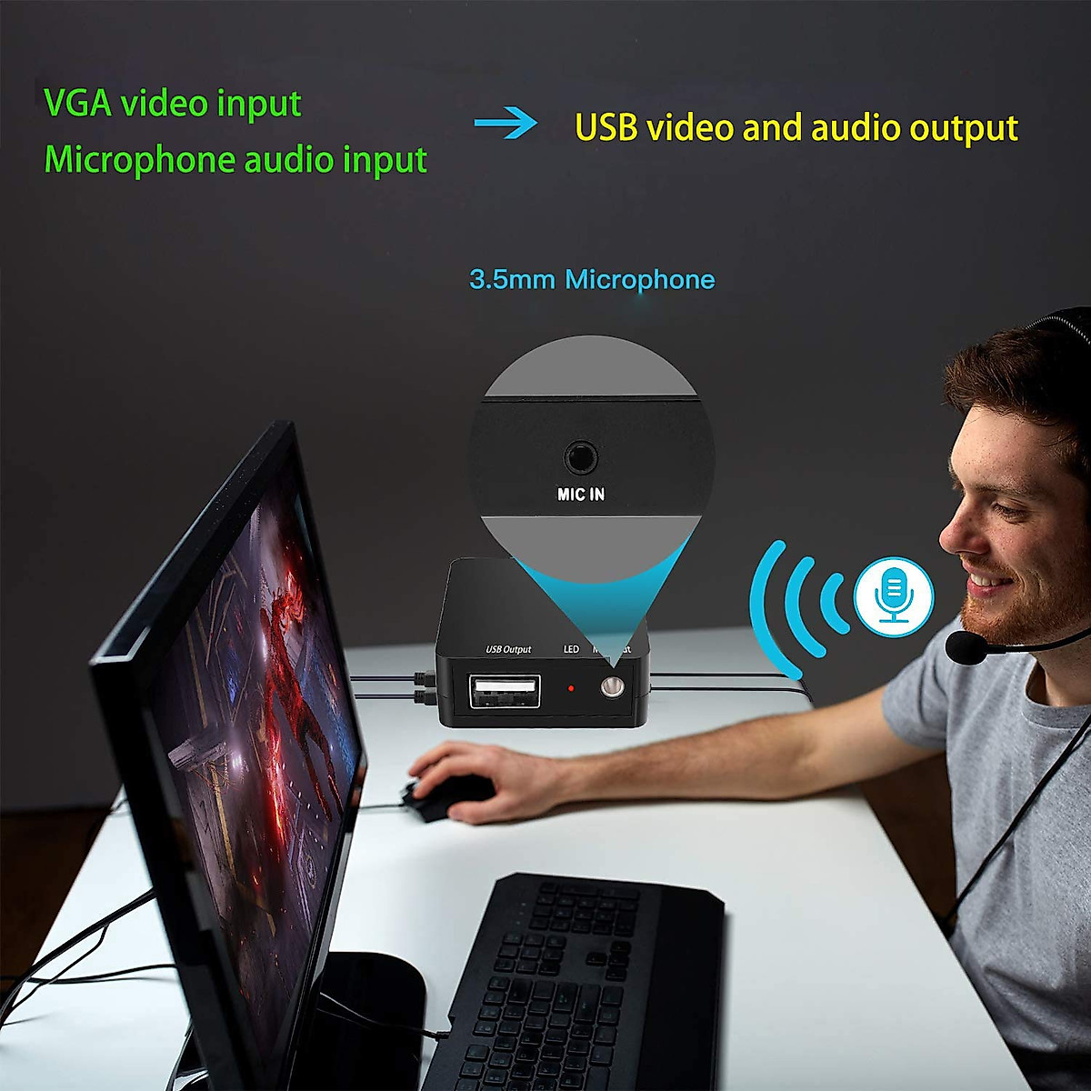 VGA Capture Card, VGA to USB Capture Device with Mic Input Support HD 720P Video for Gaming, Streaming, Teaching, Video Conference, Live Broadcasting