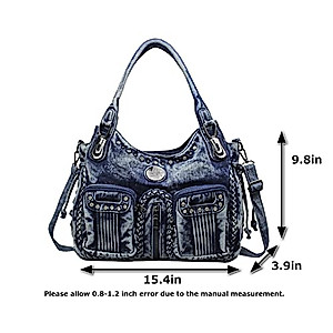 BOUYA Women's Denim Casual Hobo Bag Jeans Shoulder Bags for School Office Travel Retro Denim Bag Large-capacity One-shoulder Messenger Bag Tote Bag Hobo Purse for Teen Girls Women (Own Style Blue)