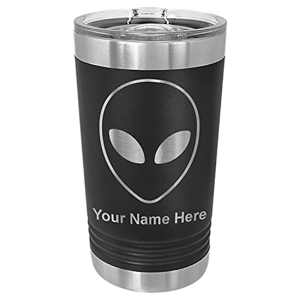 LaserGram 16oz Vacuum Insulated Pint Tumbler, Alien Head, Personalized Engraving Included (Black)