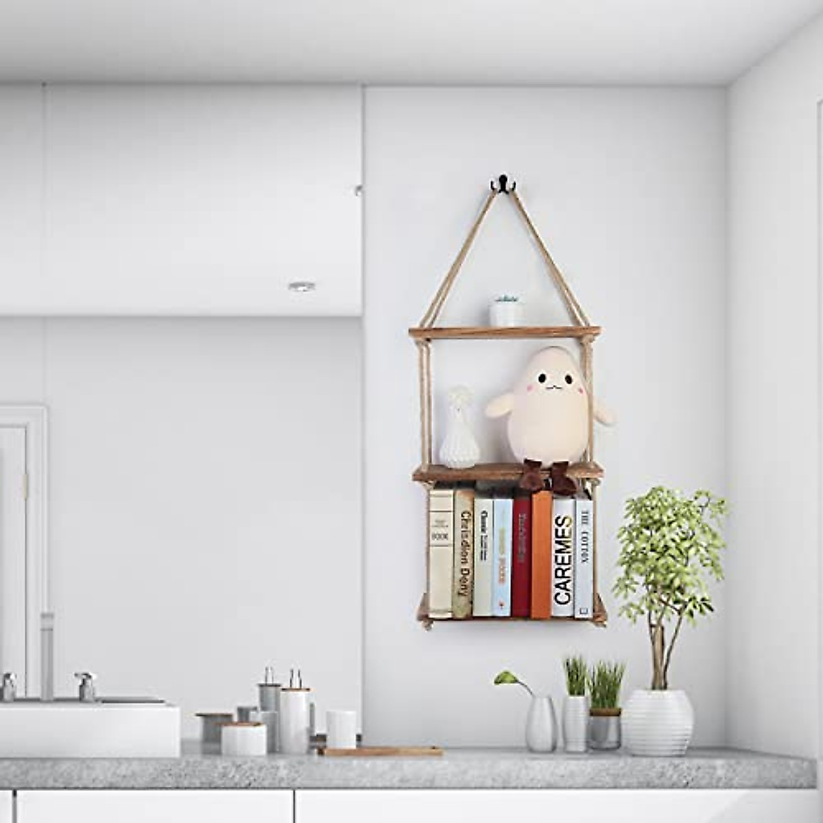 Rope Floating Shelves for Wall Hanging Shelf ,Rustic Wood Storage Shelves ,Wall Decorations for Bedroom, Kitchen, Office, Living Room, Bathroom (3tiers)