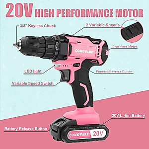 COMOWARE Pink Power Drill, 20V Pink Cordless Drill, Pink Drill Set for Women, 1 Battery & Charger, 3/8" Keyless Chuck, 2 Variable Speed, 0-350 & 0-1300 RPM, 25+1 Position and 34pcs Drill/Driver Bits