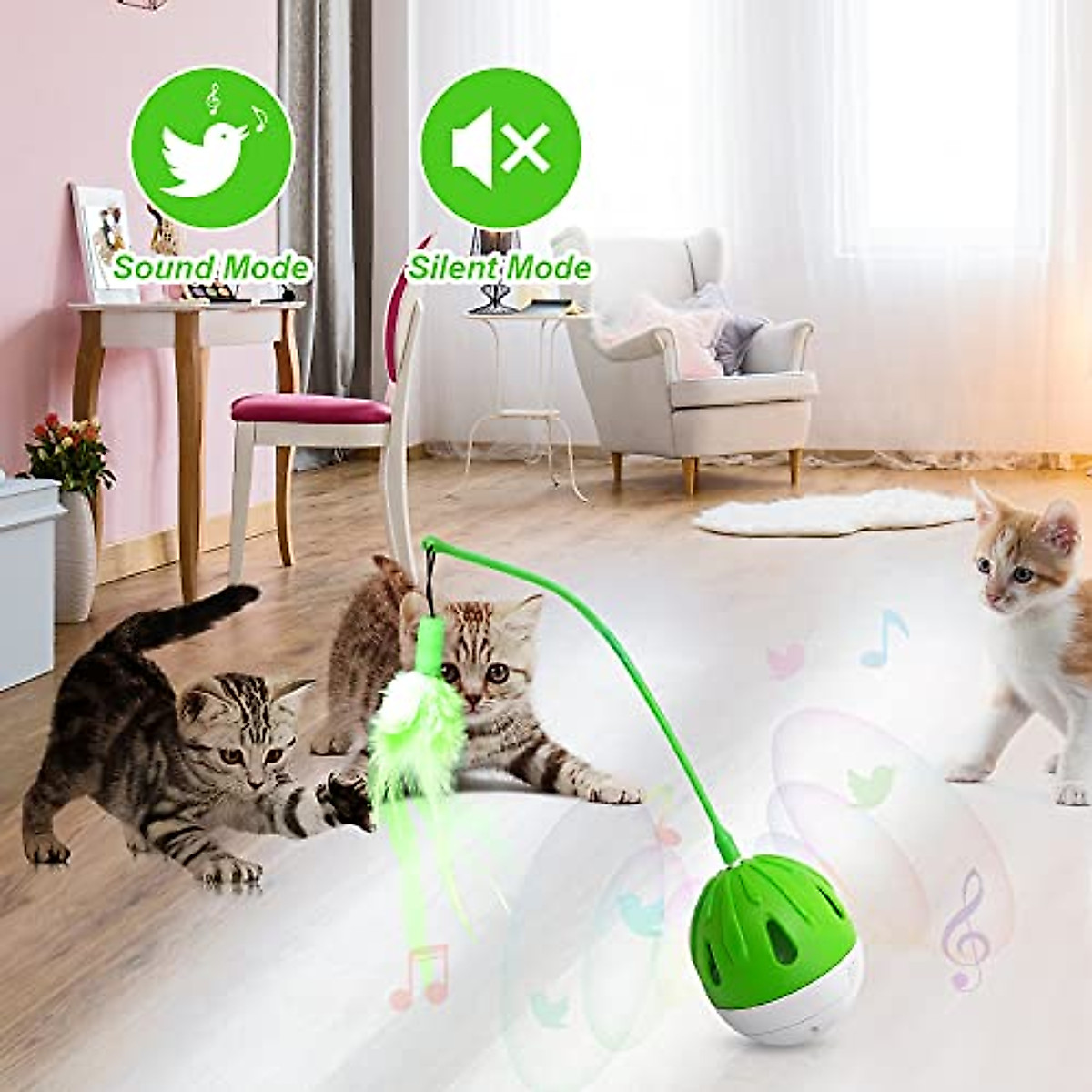 WINGPET Automatic Cat Toy Interactive Toys, Cat Feather Toys, Funny Swing Ball with Feather, Cat Exercise Toy with Sound, Pet Toys Ball with Detachable Rocker and 1 Light Ball (Green)