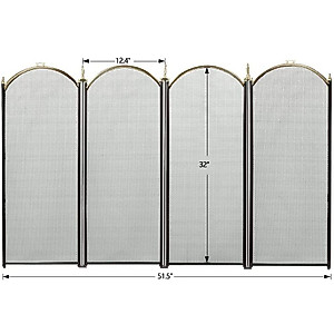 AMAGABELI GARDEN & HOME Decorative Gold Fireplace Screen 4 Panel Folding Ornate Wrought Iron Black Metal Fire Place Free Standing Gate Large Mesh Solid Steel Spark Guard Cover Outdoor Accessories