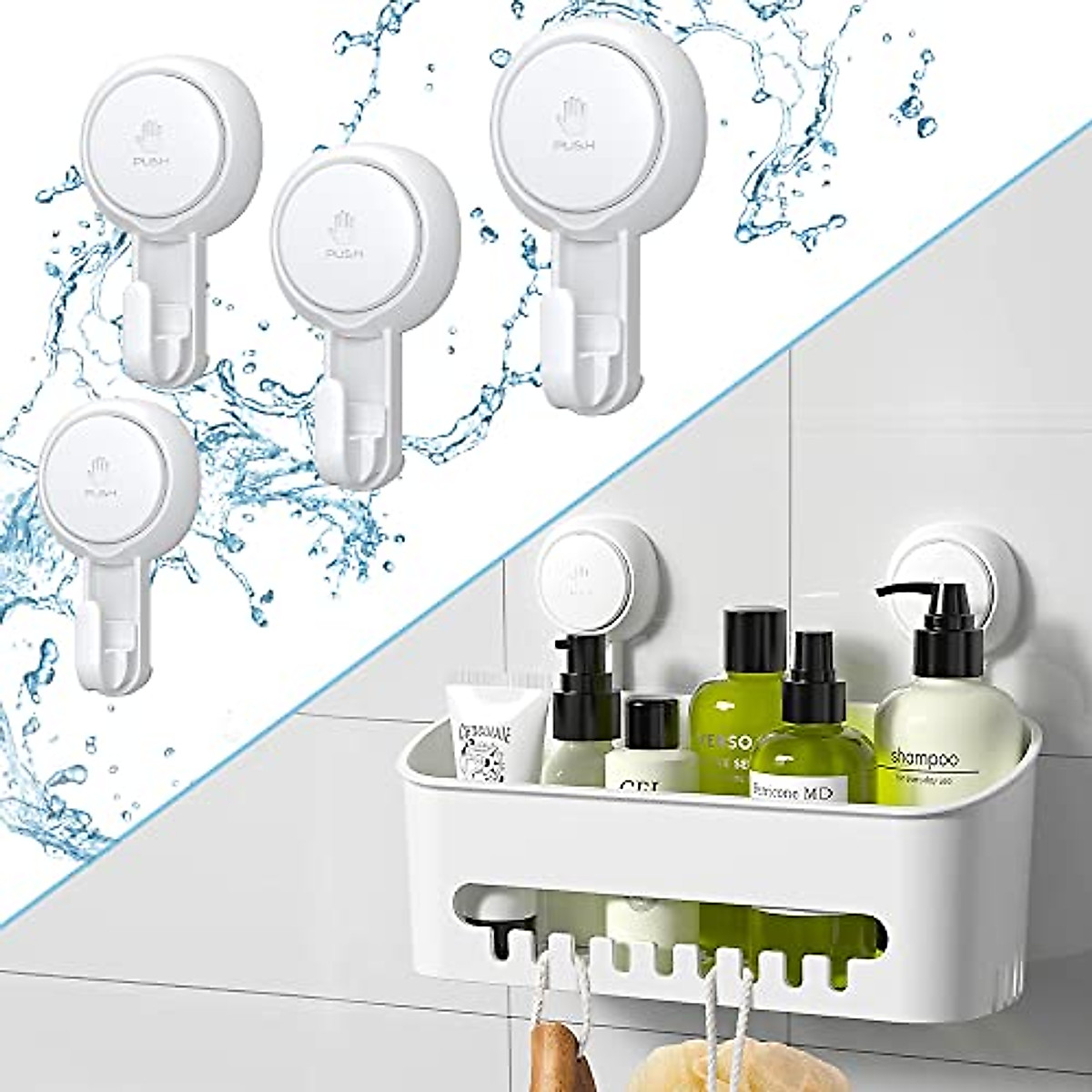LUXEAR Shower Caddy Suction Cup NO-Drilling Removable Shower Shelf Powerful Heavy Duty Hold up to 22lbs with pack suction shower hooks replacement hooks