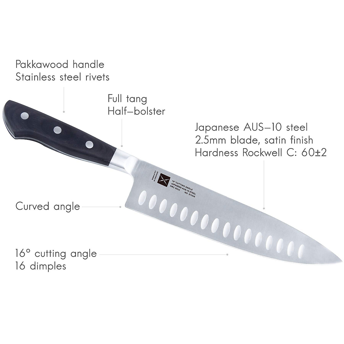 Fortune Candy 8 Inch Chef’s Knife - Japanese AUS-10 Stainless Steel Kitchen Knife - Full Tang, Classic Handle (Silver)