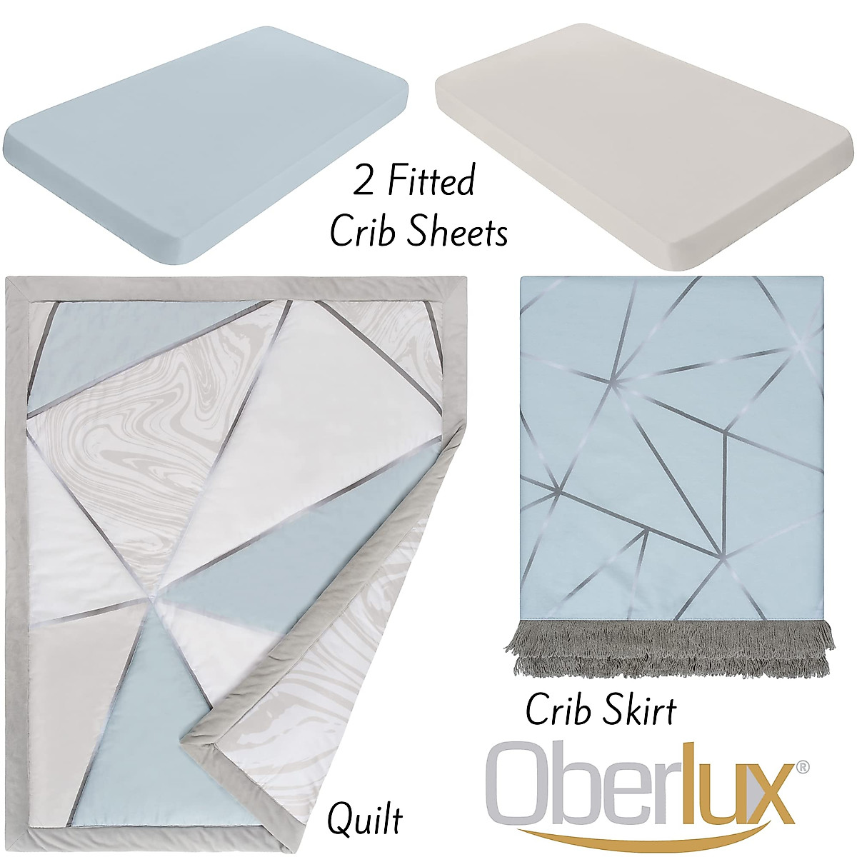 OBERLUX Crib Bedding Set for Boys | 4-Piece Baby Nursery Bedding Crib Set | Geometric Patterns, Shiny Silver, Baby Blue & Marble Prints | Precious Collection