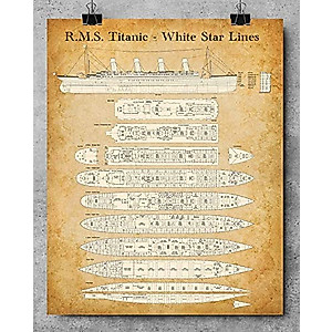 R. M. S. Titanic - White Star Lines Deck Plan - 11x14 Unframed Patent Print - Great Gift and Decor for History and Cruise Ship Buffs Under $15