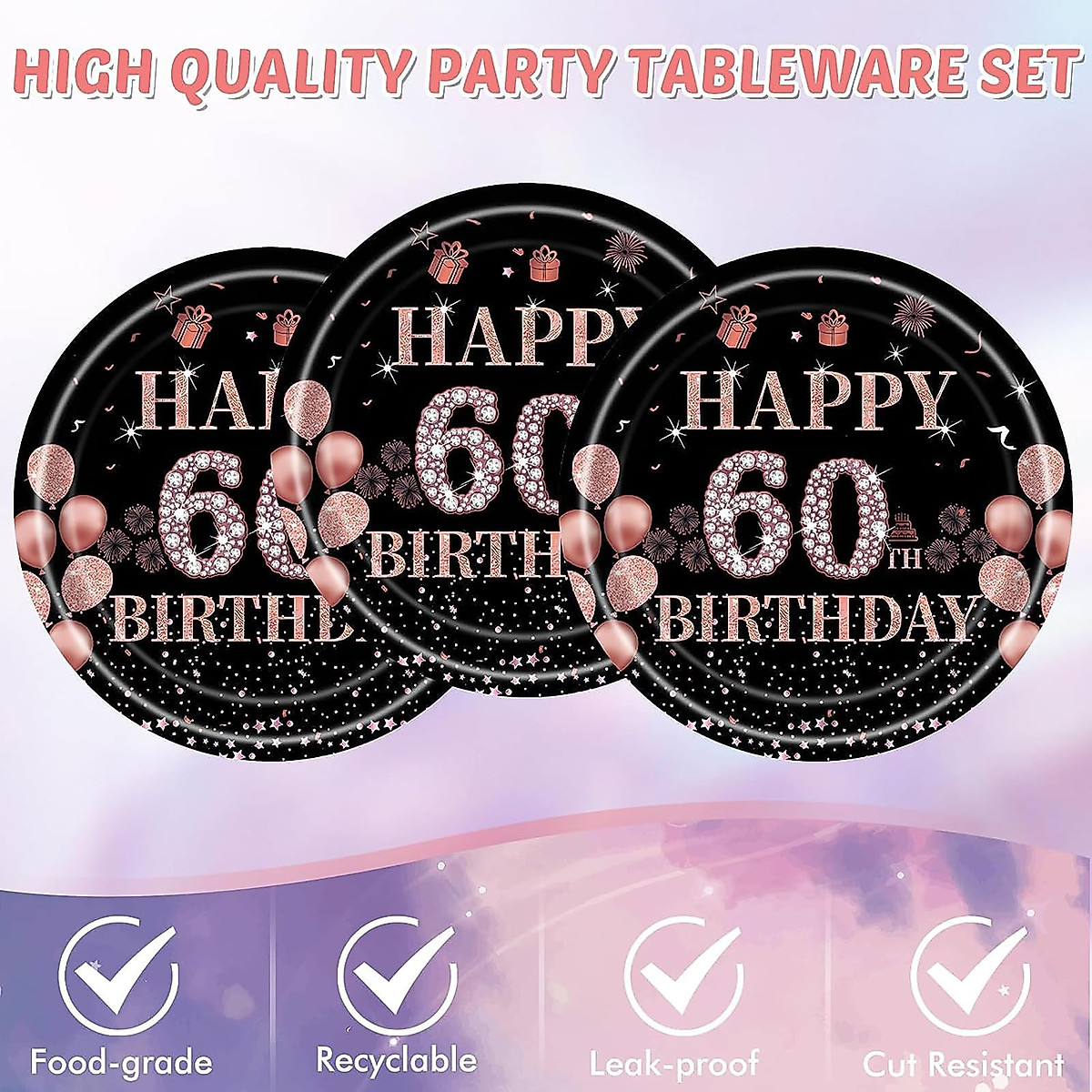 Black Rose Gold Birthday Party Supplies,Disposable Party Tableware Sets - 60 Years Paper Plates,Napkins,Plastic Forks Knives,Tablecloths,60th Birthday Decorations for Men,24 Guests
