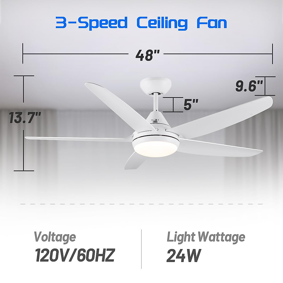 wurzee Ceiling Fans, 48 Inch, Modern Ceiling Fans 3-Speed, Reversible Motor, 24W LED, Dimmable Light, Timing 5 Blades, White Lighting & Ceiling Fans for Dining Room, Kitchen, Garage, Game Room