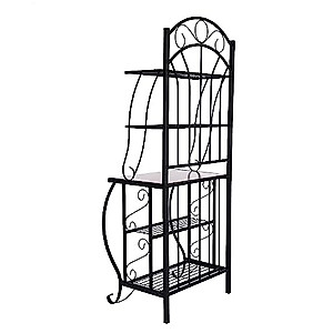 65 Inch 5 Tier Bakers Rack, Middle Wood Shelf, Carved Black Metal Frame
