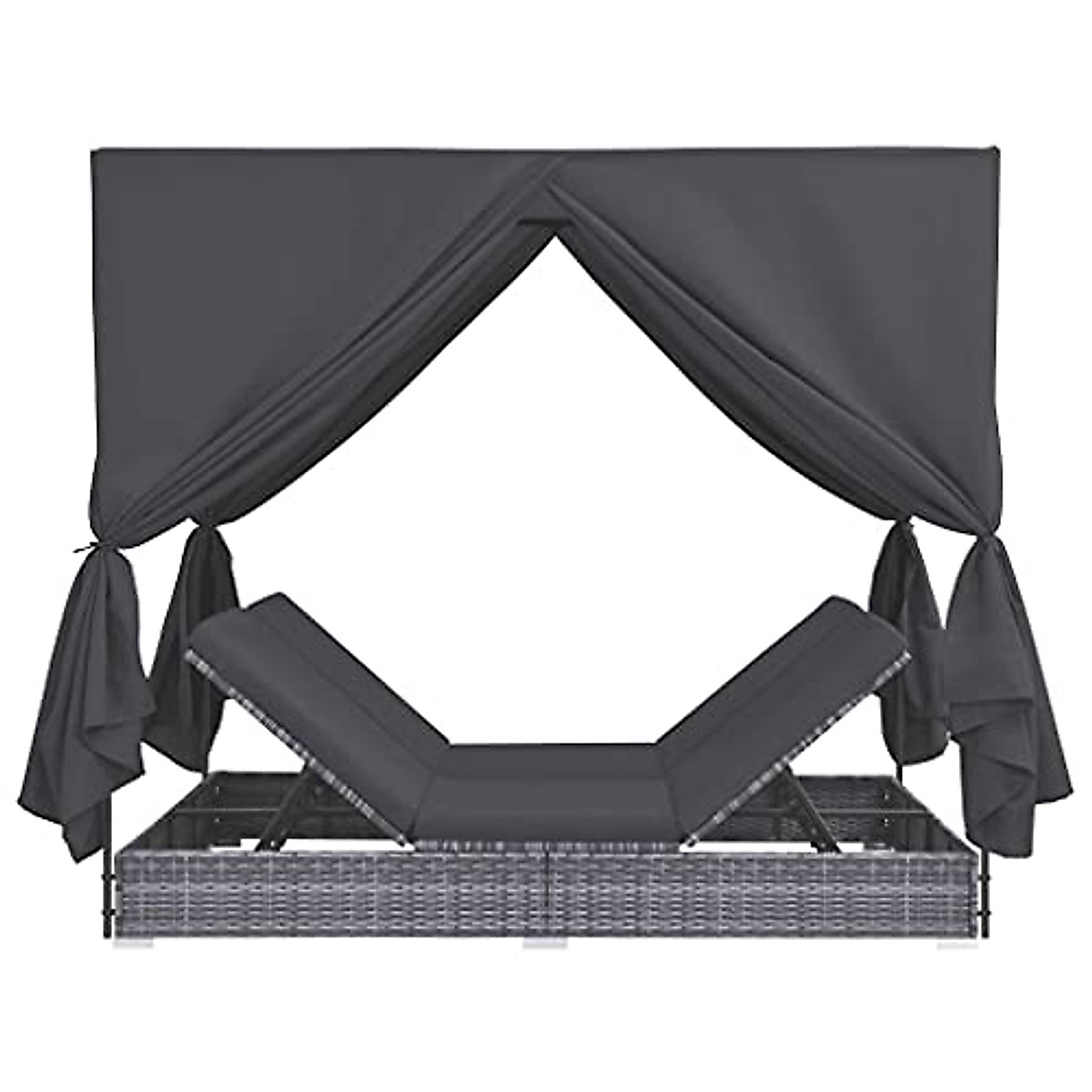 Tidyard Outdoor Lounge Bed with Curtains Sunbed Outdoor Sofabed Garden Furniture Weather-Resistant & Waterproof, Removable & Washable Cushion Poly Rattan Gray