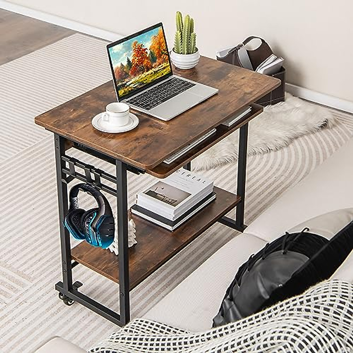 Tangkula Rolling Computer Desk Cart with Keyboard Tray, Mobile Portable Laptop PC Desk with CPU Stand & 3 Hooks for Sofa & Bed, Industrial Small Desk on Wheels for Small Spaces, Home Office Desk
