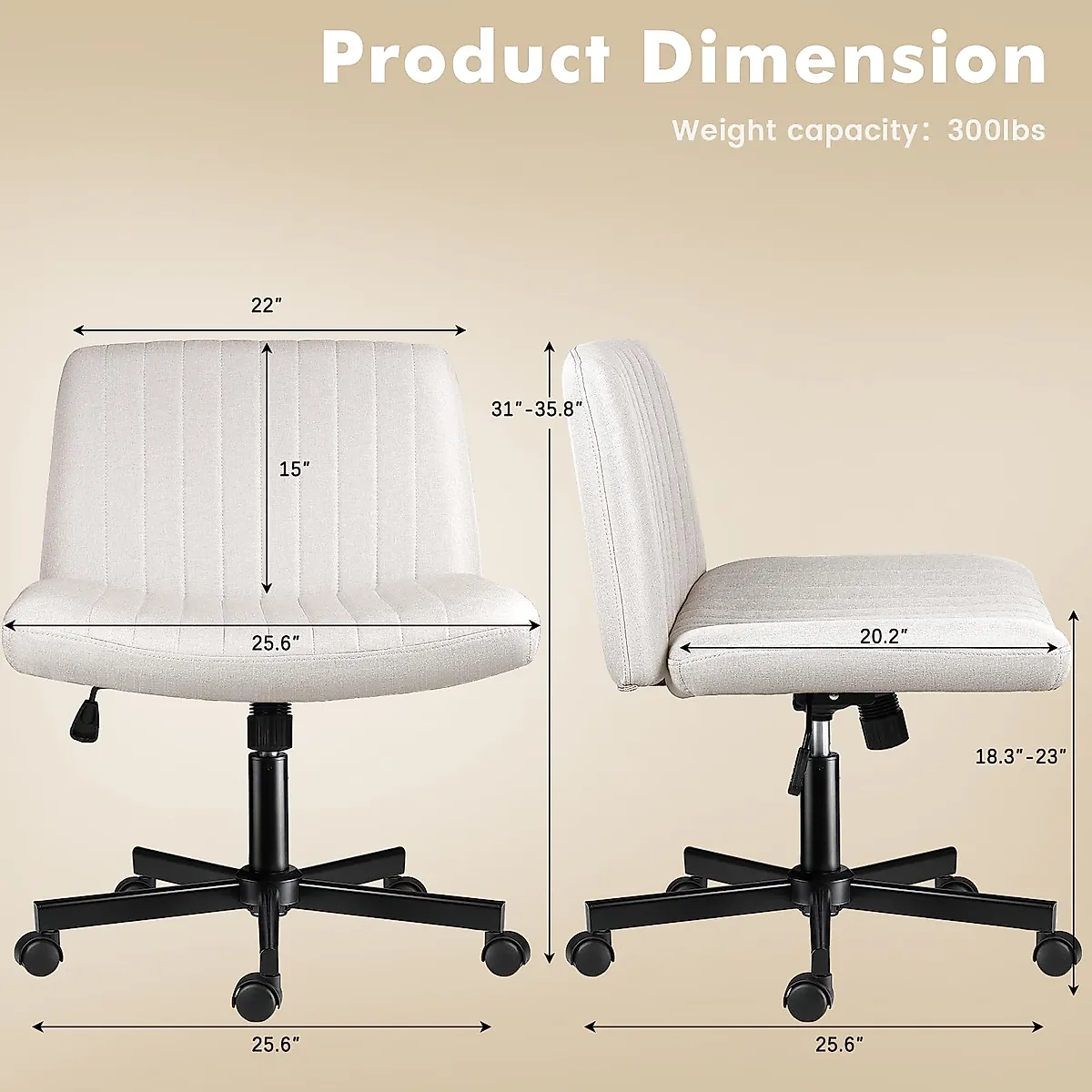 LEMBERI Criss Cross Chair with Wheels, Fabric Padded Armless Wide Seat Cross Legged Office Chair, Mid Back Swivel Computer Task Vanity Chairs for Home, Make Up,Small Space, Bed Room(Beige)