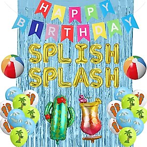 Splish Splash Birthday Bash Party Decorations HAPPY BIRTHDAY Banner Beach Ball Flamingo Cactus Balloons Hawaiian Luau Tropical Summer Pool Beach Birthday Party Decoration for Kids