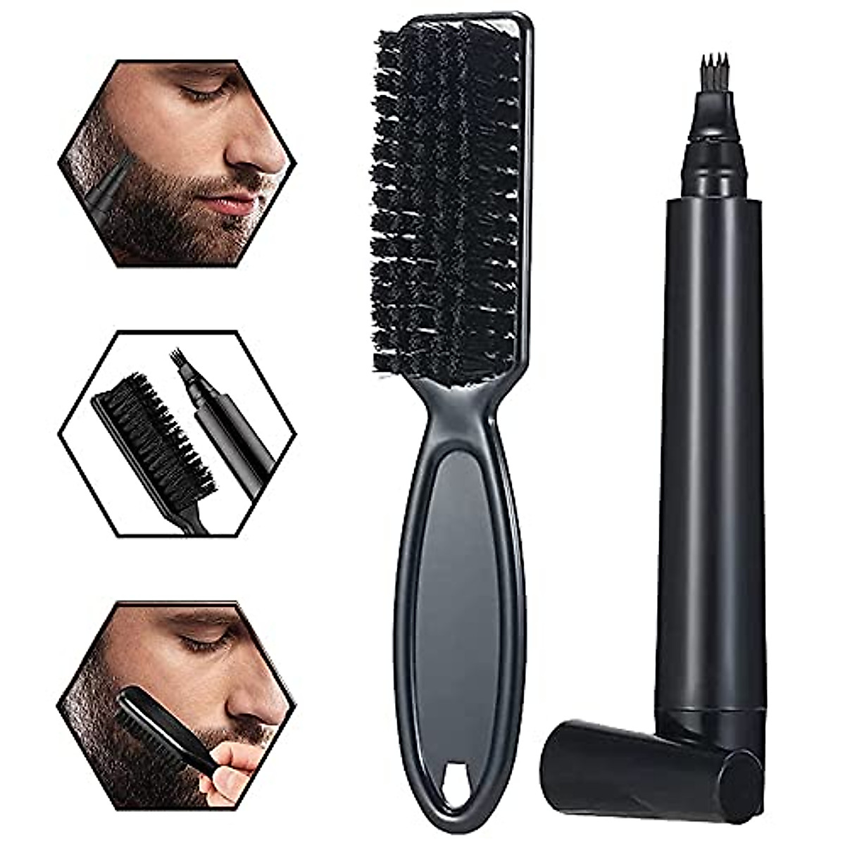 Beard Pencil Filler for Men Water Proof& Sweat Proof, Long Lasting - Beard Filling Pen Kit with Brush and Beard Styling Comb Tool Creates Natural Looking Beard, Moustache & Eyebrows (Black, Home kit)