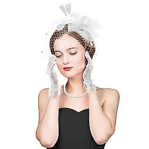 4 Pieces Fascinators Hat for Women Tea Party Hat Feathers Veil Mesh Hat Lace Gloves Bridgerton Accessories for Women Pearl Choker Necklace for Wedding Cocktail Kentucky Fascinator Headband for Women