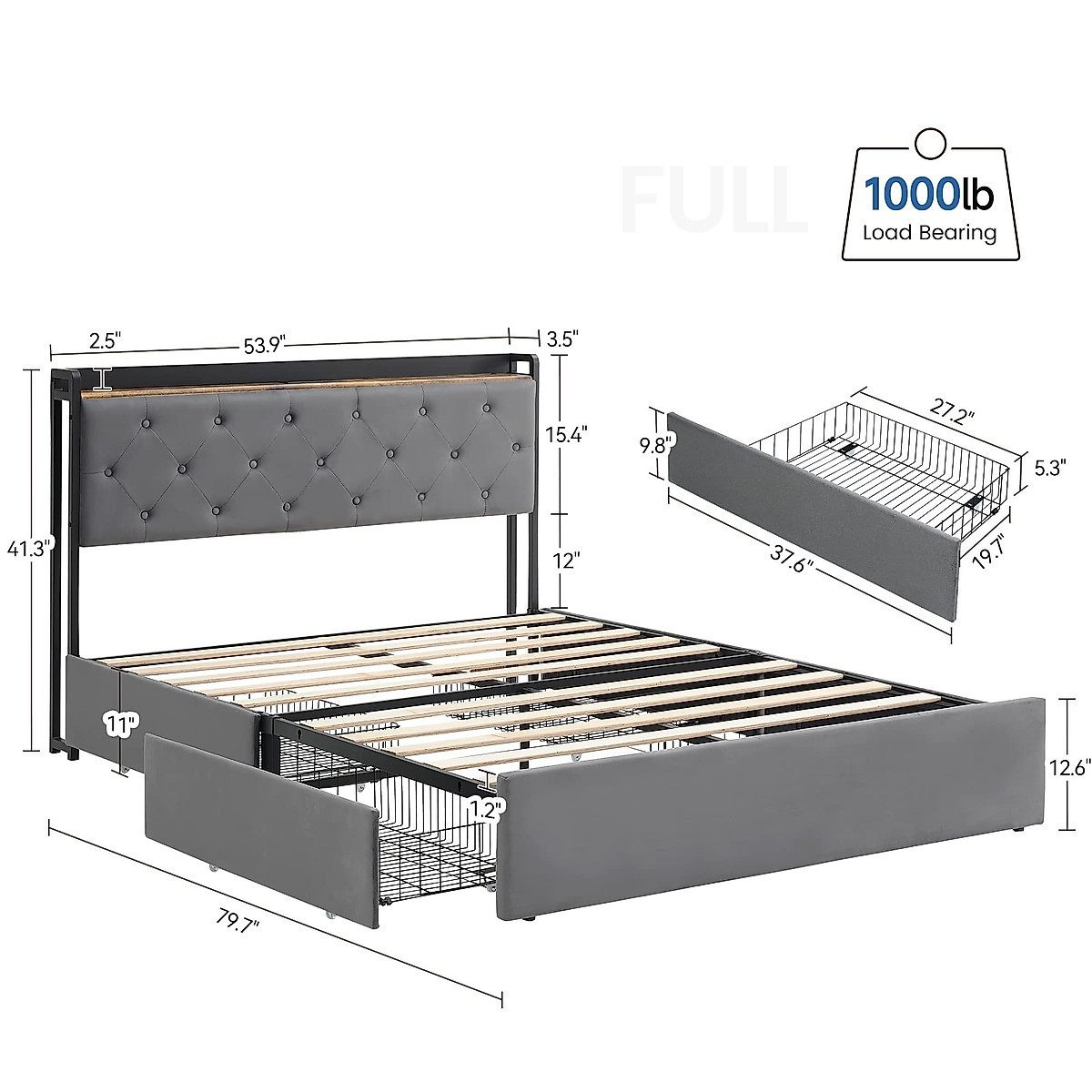 IDEALHOUSE Full Size Bed Frame with 4 Storage Drawers and Charging Station, Upholstered Velvet Platform Bed Frame with Storage Headboard and Sturdy Wooden Slats Support, No Box Spring Needed