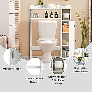 Giantex Over-The-Toilet Storage Rack, Bathroom Freestanding Space Saver with 1-Door Side Storage Cabinet, 2 Open Adjustable Shelves, Anti-Topping Design Towels Organizer Stand White