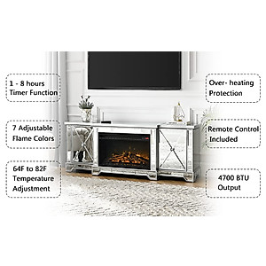 Alohappy Electric Fireplace TV Stand for TVs up to 65”, Mirrored TV Stand with 18” LED Fireplace and Remote, Home Media Entertainment Center Silver TV Console Table Furniture for Living Room