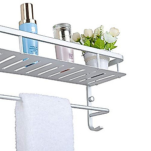 Chrasy Modern Double Layer Towel Bar, Wall Mount Bathroom Storage Shelves and One Towel Bar and 2 Hooks, Aluminum Towel Holders, Shower Towel Rack, Bath/Kitchen Storage Shelf -15.7in