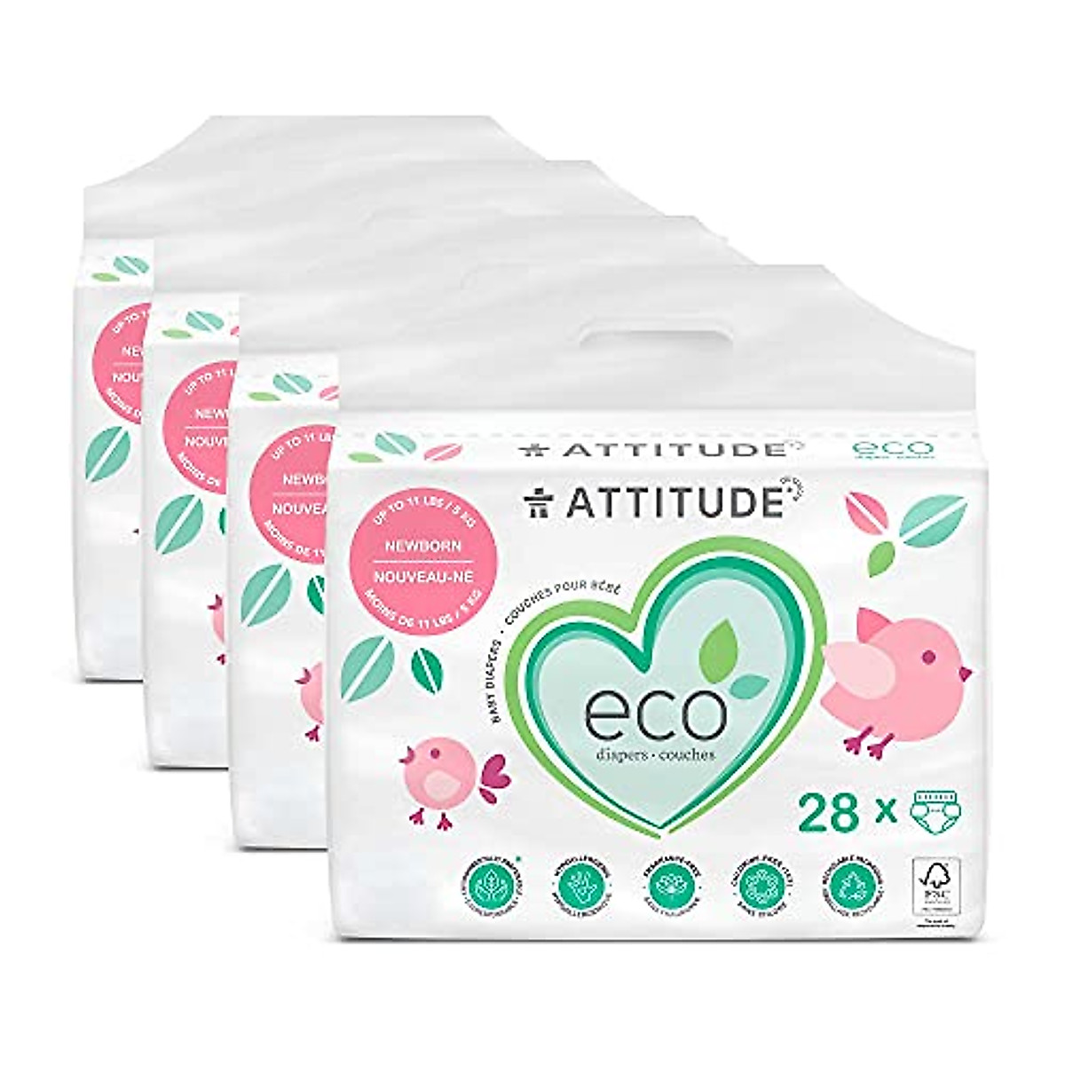 ATTITUDE Non-Toxic Diapers, Eco-Friendly, Safe for Sensitive Skin, Chlorine-Free, Leak-Free & Biodegradable Baby Diapers, Plain White, Newborn (Up to 11 lbs), 112 Count (4 Packs of 28)
