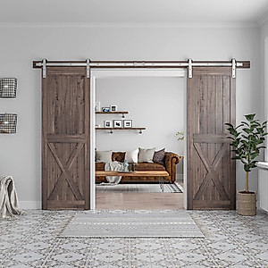 SMARTSTANDARD 10ft Siliding Barn Door Hardware Kit Brushed Nickel Double Door Easy to Install Fit 30" Wide Door Panel (J Shape Hanger)