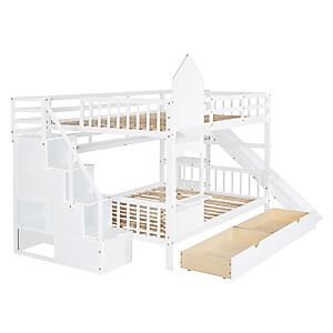 BIADNBZ Full Bunk Bed with Storage Stairs and Slide, 2 Drawers&3 Shelves, Multifunctional Wooden Low Bunkbed Frame, for Kids Teens Boys Girls Bedroom, White