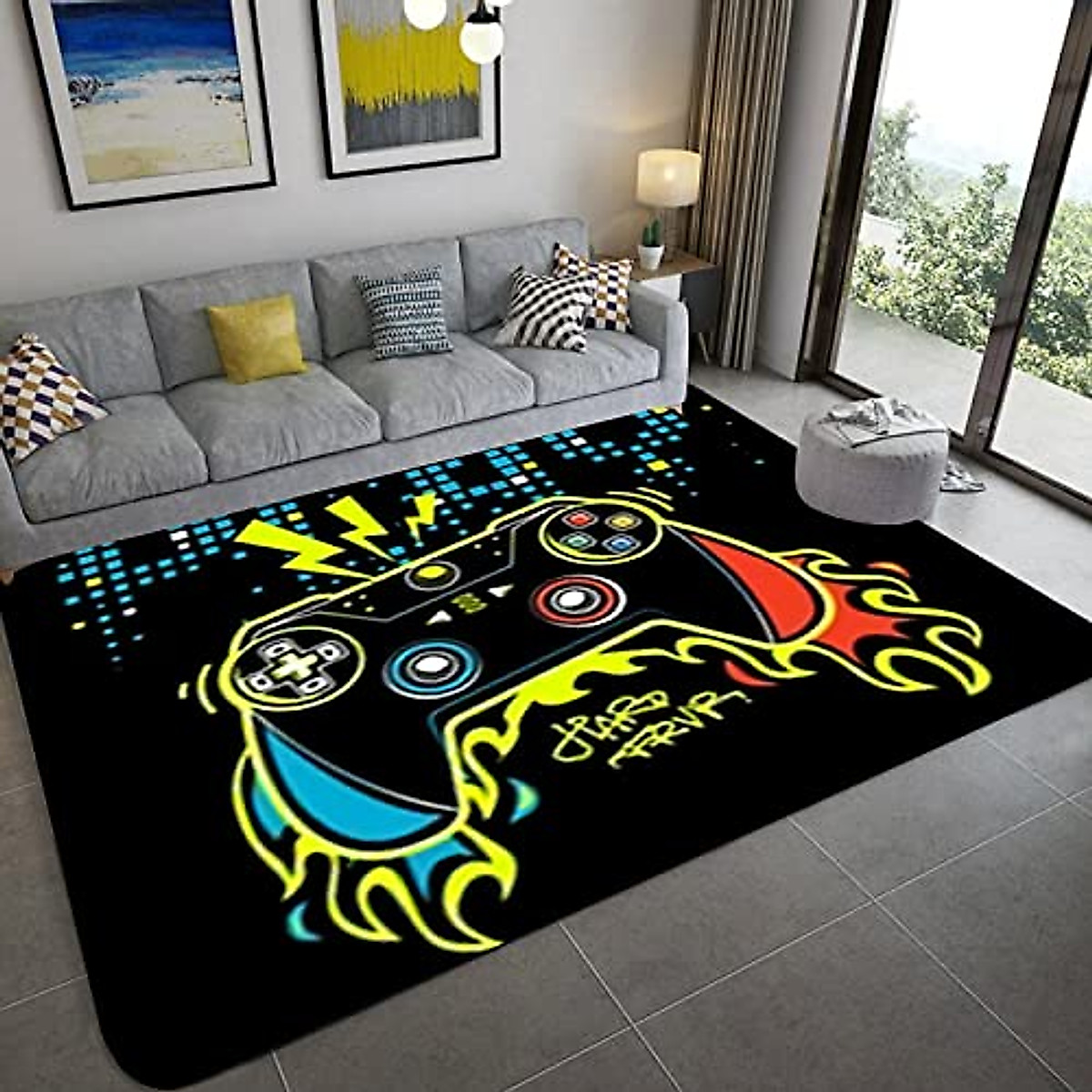 AARXLBB Abstract Rug 8x10 Feet / 240x300 cm Indoor Soft Fluffy Rug Bedroom Kitchen Dining Room Floor Washable Accent Rug Home Office Nursery Decor Black Yellow Blue red Gamepad Pattern