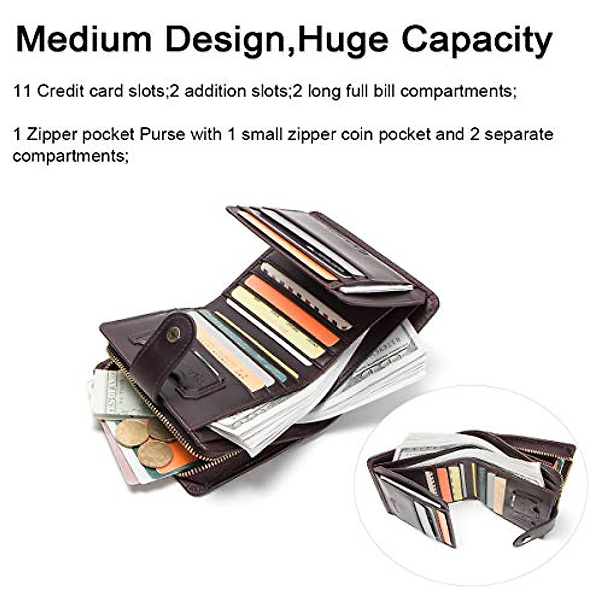 Contacts Genuine Leather Womens Coin Card Holder Zipper Clutch Purse Wallet (Dark Coffee)