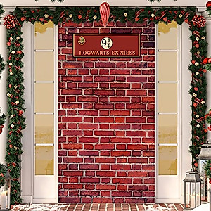 Brick Wall Backdrop Platform 9 and 3/4 King's Cross Station, Party Backdrop Door Curtains for Halloween Party, Christmas, Birthday Gifts, Outdoor and Indoor Photo Props Brick Wall Decoration, Red