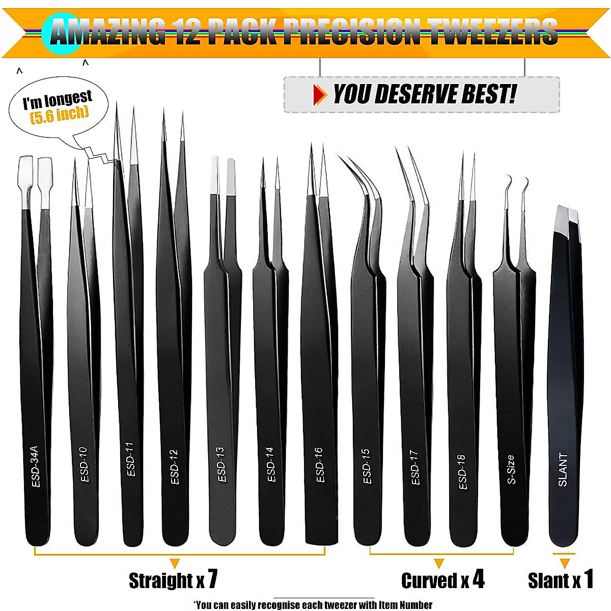 Antonki 12 Pack Precision Tweezers Set, Point and Slant Metal Tweezer Kits for Craft, Soldering, Jewelry, Ingrown Hair, Eyelash Extension, Eyebrow - with Case