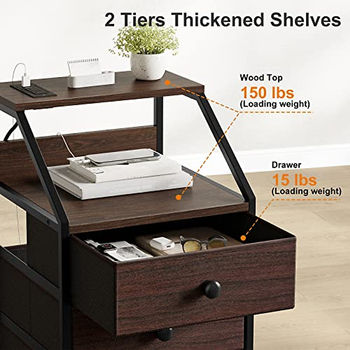 REAHOME Nightstand Set of 2, Brown Night Stands with Charging Station, Bedside Tables with 3 Fabric Drawers and 2-Tier Storage Shelves, Modern Side Table for Bedroom Living Room-Rustic Brown