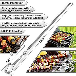 Kabob Skewers 16.8”Long Stainless Steel BBQ Barbecue Skewer Flat Metal Shish Kebob Sticks Reusable Grilling Skewers Set for Meat Shrimp Chicken Vegetable 12 Pack With Bonus a Basting Brush