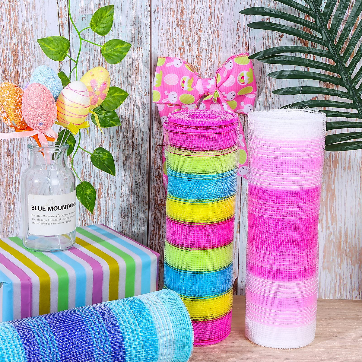 Kavoc 30Yards Poly Mesh Ribbon Decorative Mesh Red White Blue Metallic Foil Patriotic Tulle Roll for Veterans Day Patriotic Swags and Florist Crafting,10 Inch Wide (Easter)