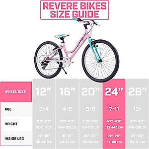 Revere Kids 24" Girls 7-Speed Cruiser Children's Bicycle for Ages 7-11 Years Old. Lightweight Aluminum Frame and Fork, Easy to Ride! (Pink/Cyan)