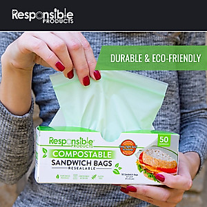Responsible Products Certified Compostable SANDWICH Resealable Zip Bag, Extra Strength Food Bags, Plant-Based Freezer-Safe (50 Pack)