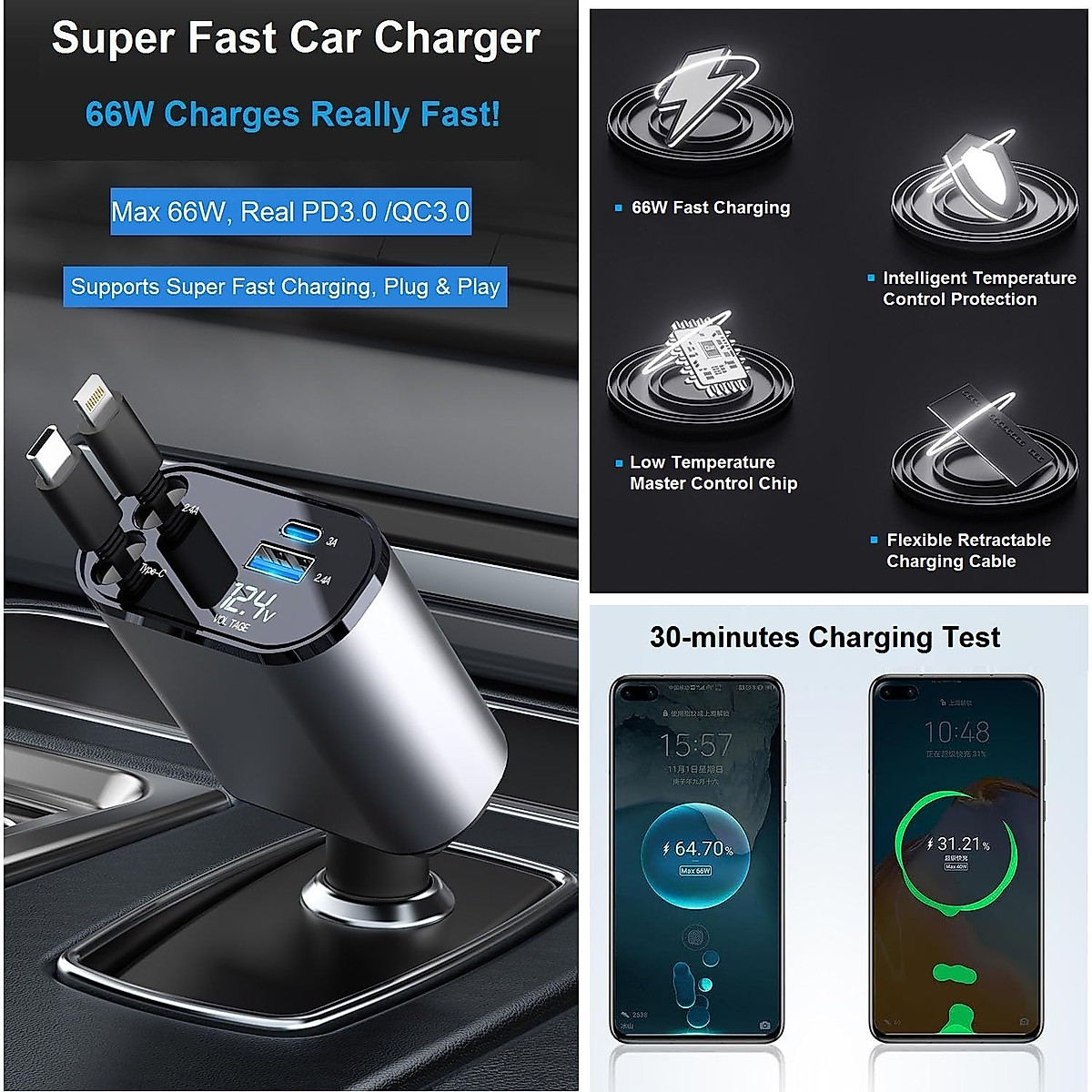 Retractable Car Charger Fast Charging - 66W 4-in-1 USB C Car Phone Charger Cigarette Lighter Adapter Car Charger Compatible with iPhone 15 14 13 12 Pro Max iPad Android Pixel Huawei Tablet