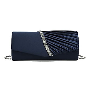 CHARMING TAILOR Evening Handbag Crystal Embellished Purse Pleated Satin Clutch (Navy Blue)